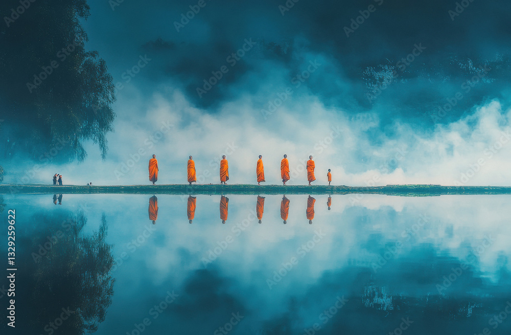 Buddhist monks in orange robes walking along the edge of an open lake ...