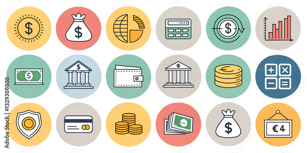 Finance and banking icons collection featuring money, credit cards, and ...