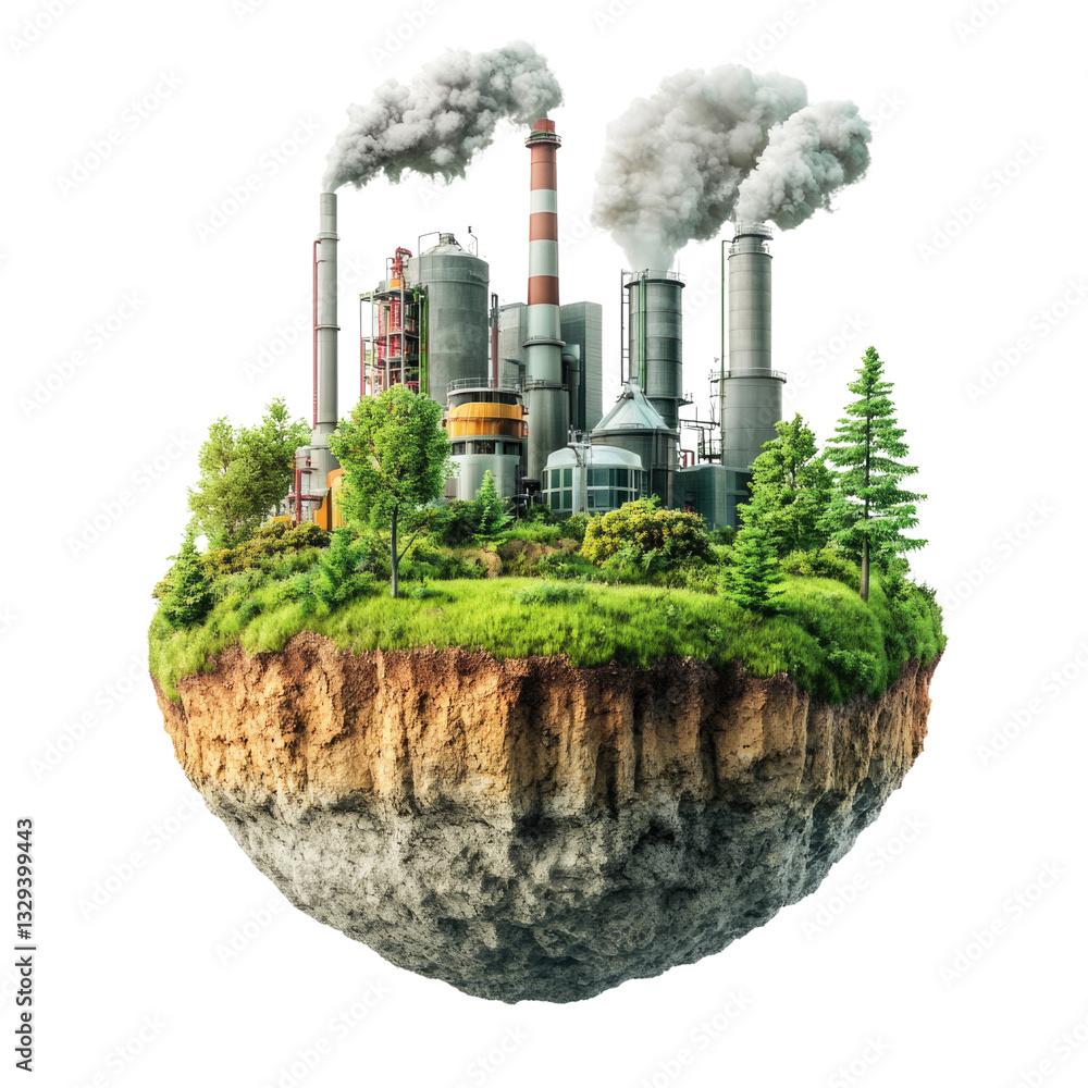 Industrial factory with smoke and greenery on a floating island ...