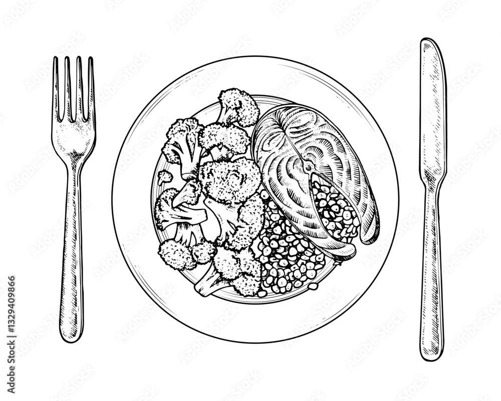 Hand drawn vector illustration of a balanced plate rule for healthy ...