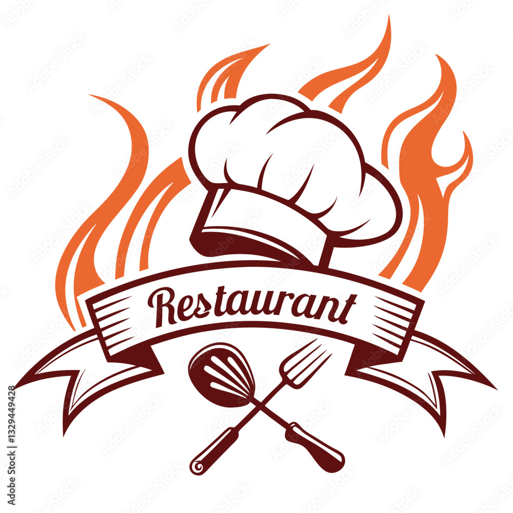 Restaurant logo with chef hat, spoon, fork, fire flames, and ribbon ...
