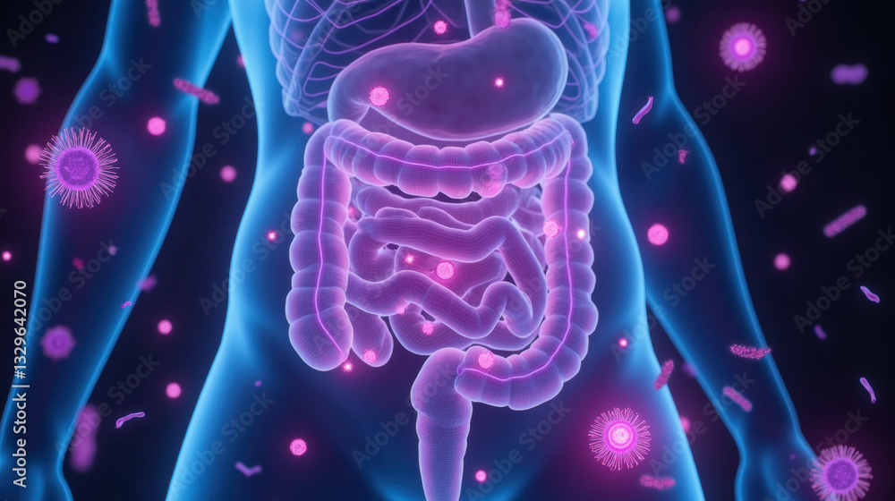 image depicts glowing representation of human digestive system ...