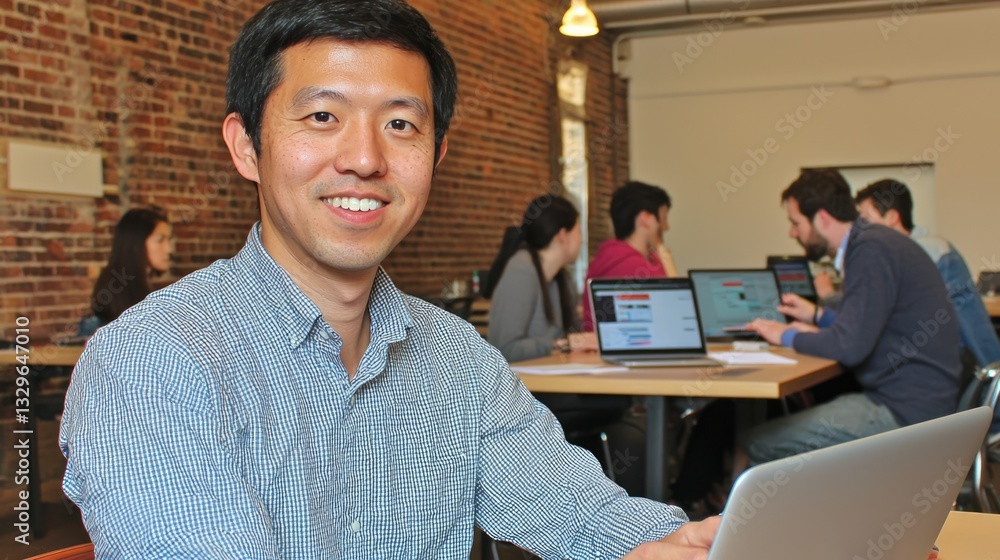 Young japanese startup founder smiling while holding standard scale in ...