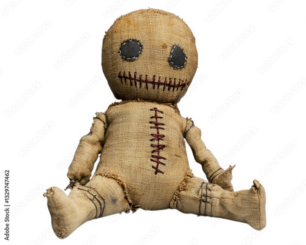 voodoo style doll with stitched mouth and pinned limbs, exuding ...