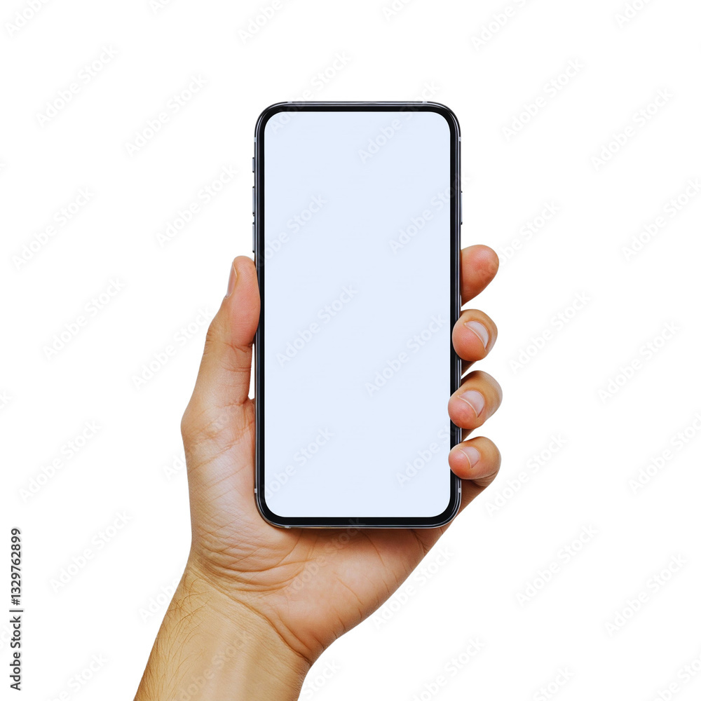 Hand holding smartphone mockup as png photo with blank screen isolated ...