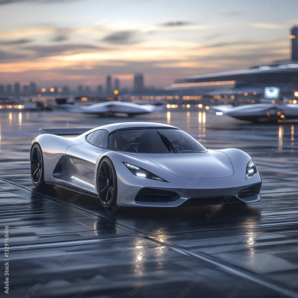 Futuristic hypercar with sleek design and jet engines. It stands on a ...