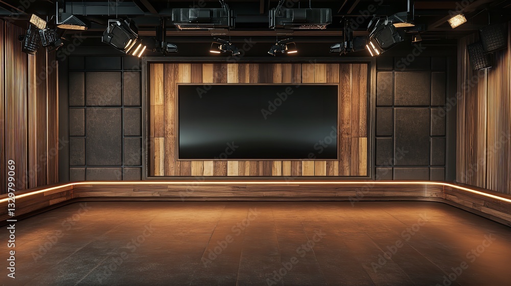 Stock-Illustration „Wooden TV Studio Background: 3D Rendered 8K Ultra ...