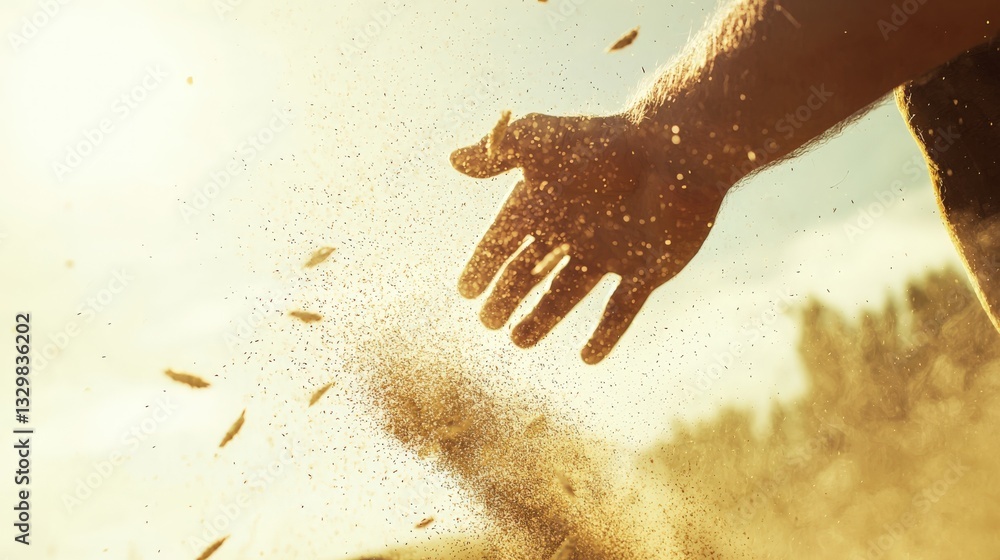 Wheat grains bursting from farmer's fingers in sunlight with floating ...