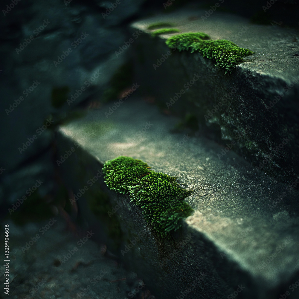 Moss-covered stone steps, nature's gentle reclamation Stock Photo ...