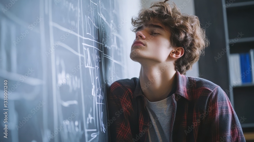 Disappointed university student leaning on whiteboard with closed eyes ...