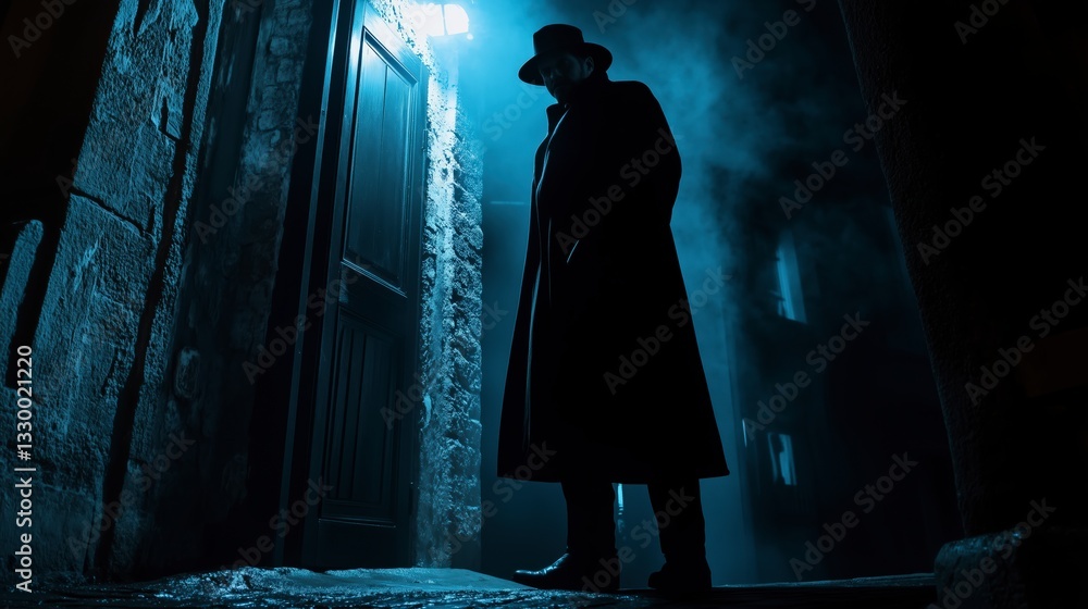 Shadowy noir detective in trench coat and fedora standing in a doorway ...