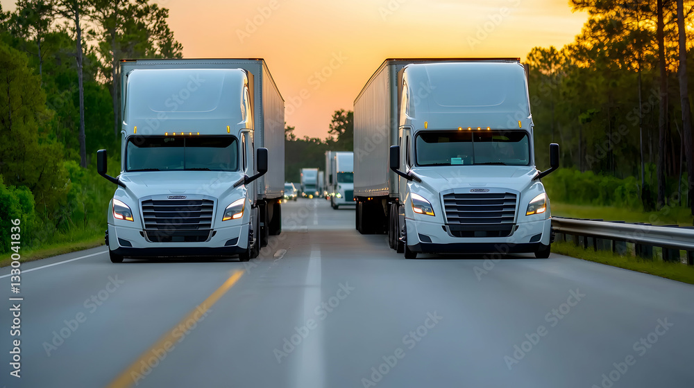 Two white semi trucks drive on the road at dusk Stock Photo | Adobe Stock