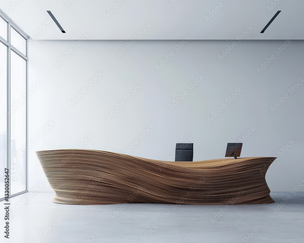 Parametric wooden reception desk with flowing curved panels, CNCrouted ...