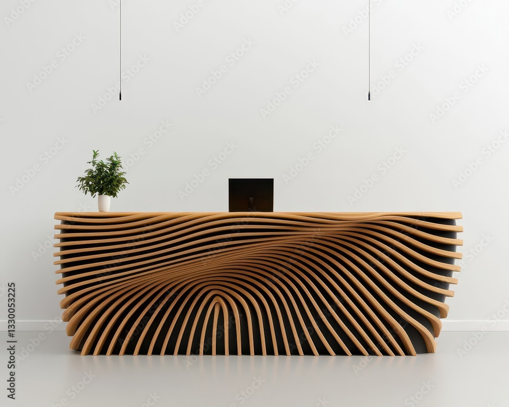 Parametric wooden reception desk with dynamic curved slats, alternating ...