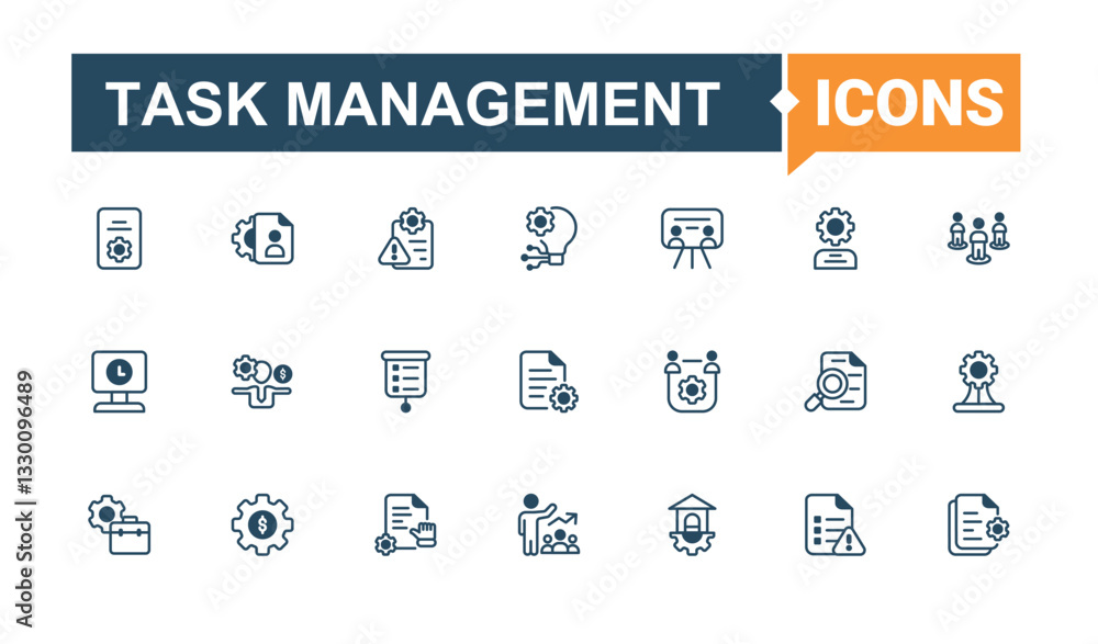 Task Management icon. It contains symbols to team, implementation ...
