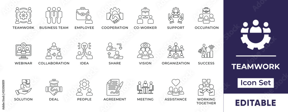 Teamwork Line Icon Set. Features editable icons for teamwork symbols ...