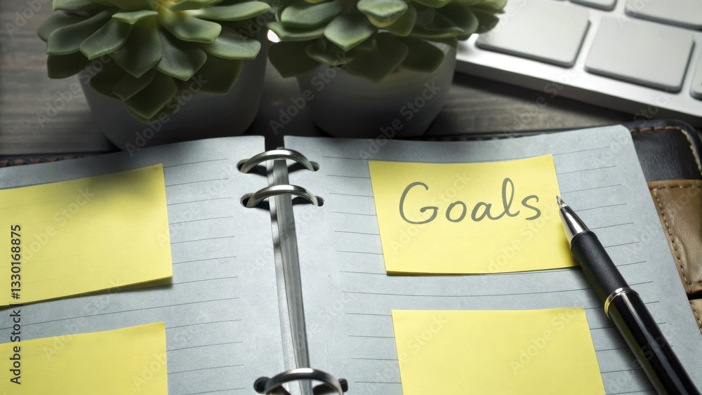 Growth mindset concept. A planner with sticky notes labeled "Goals" and ...