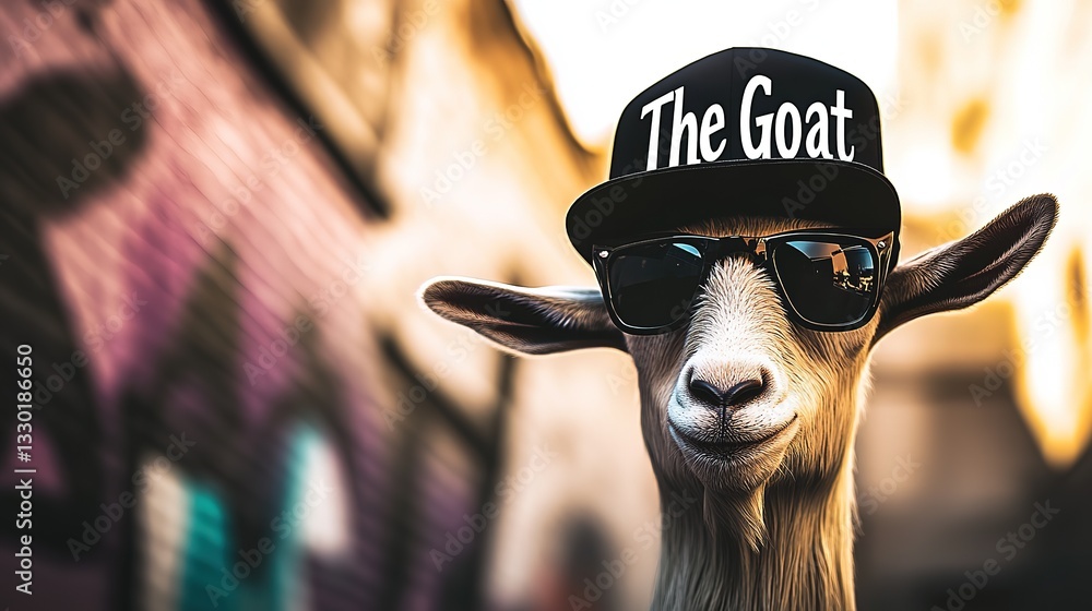goat wearing hat with word "The Goat" on it, idea for slang GOAT great ...