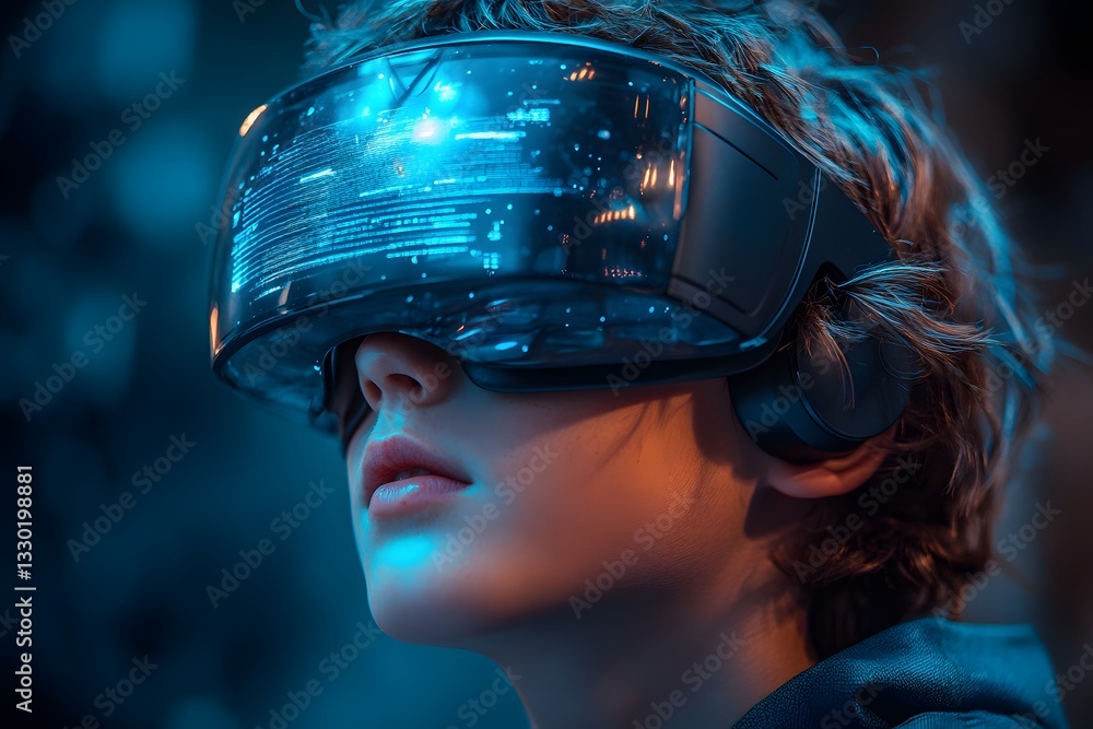 Boy in AI-powered smart glasses with an interactive HUD stands in a ...