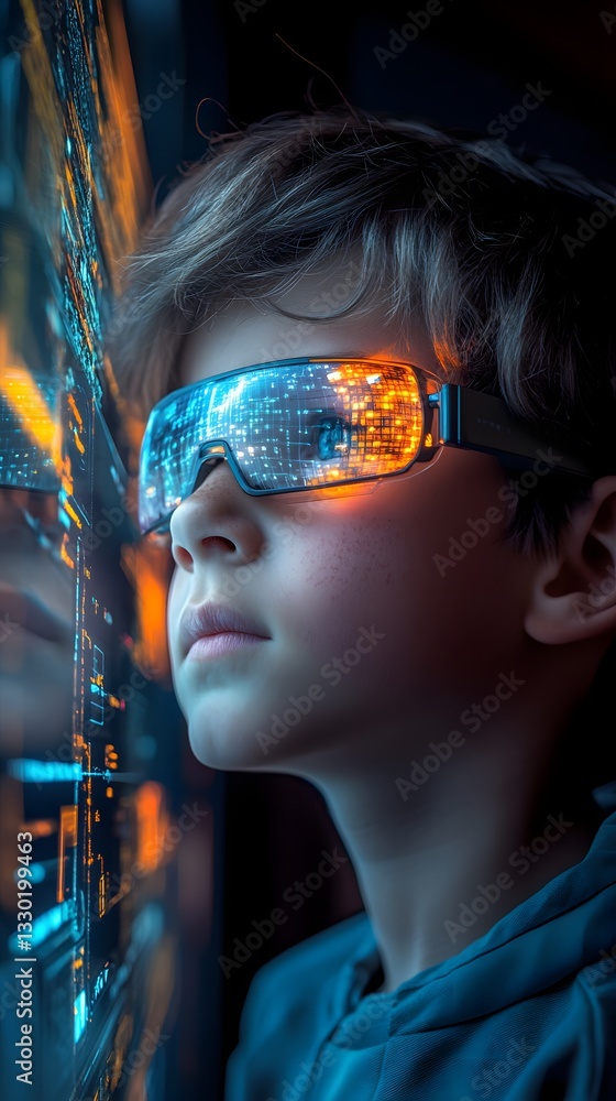Boy in AI-powered smart glasses with an interactive HUD stands in a ...