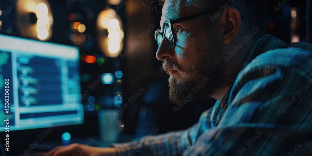Individual working in a server room with a laptop, focusing on programming, system management ...