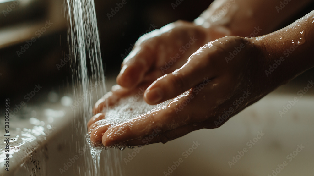 Tight focus on wet hands under flowing water, subtle skin details ...
