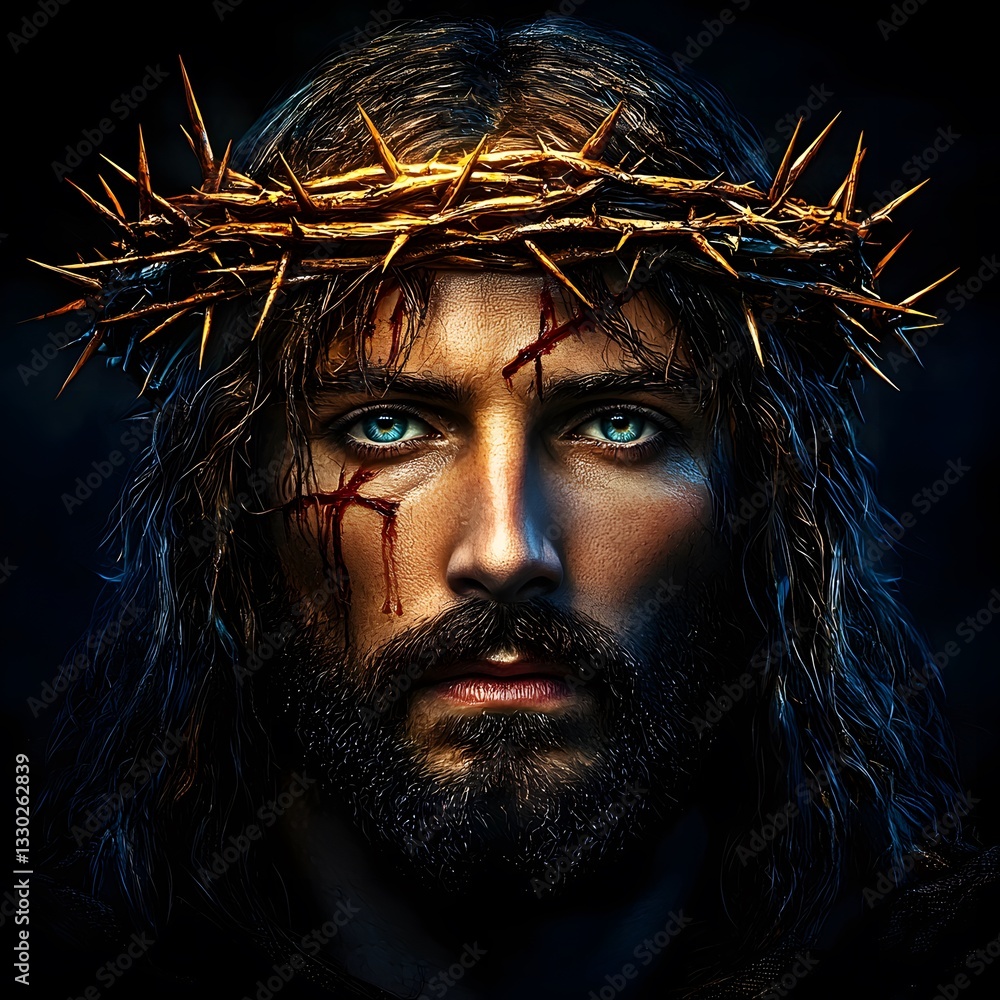 Jesus christ with a crown of thorns depicting his suffering and ...