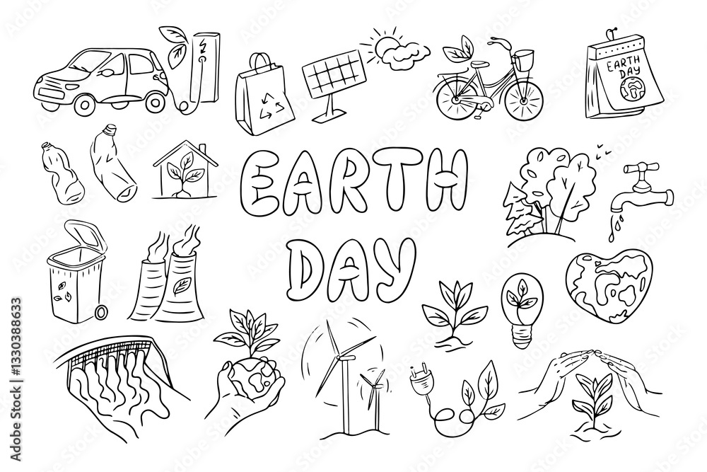 arth Day black and white doodle illustration with eco-friendly symbols ...