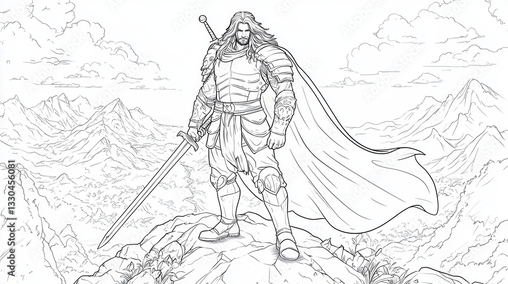 Adventurer on Mountain Peak with Cape and Sword - Detailed Line Art for ...