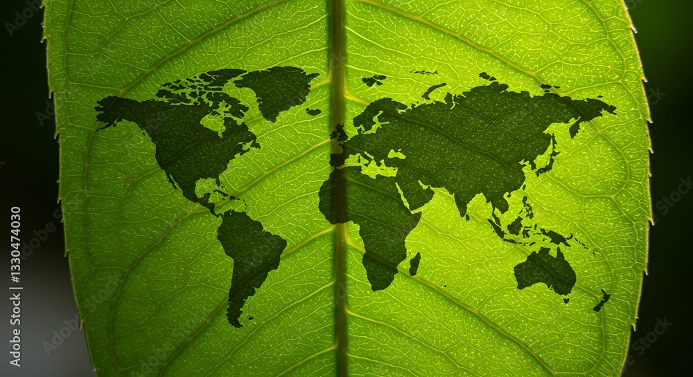 Leaf showing the world map as a symbol of nature and the environment ...