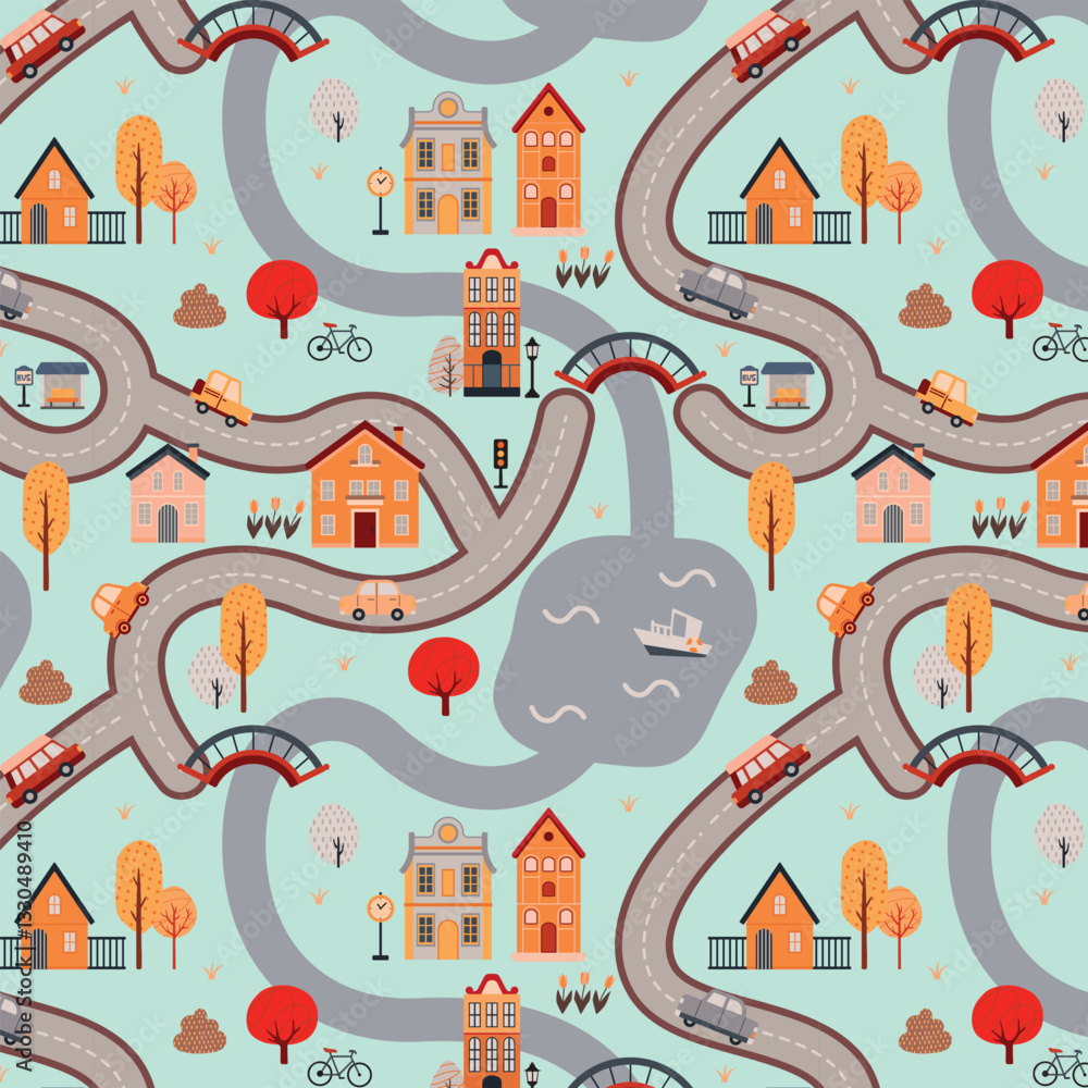 Childish city map creator easy simple drawing with buildings, trees and ...