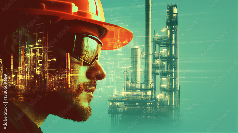 Silhouette of oil and gas refinery safety with double exposure engineer ...