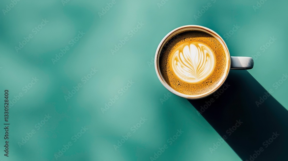 flat lay cup of bright matcha latte with latte art on a green ...