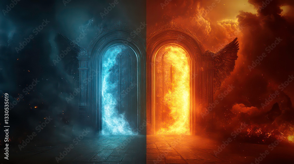 Heaven paradise and fiery hell gates choice. Door to heaven and hell ...