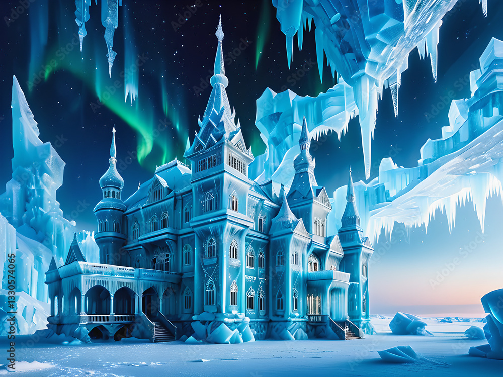 Russian Ice Palace Over Arctic: Glowing Blue & Silver Northern Lights ...