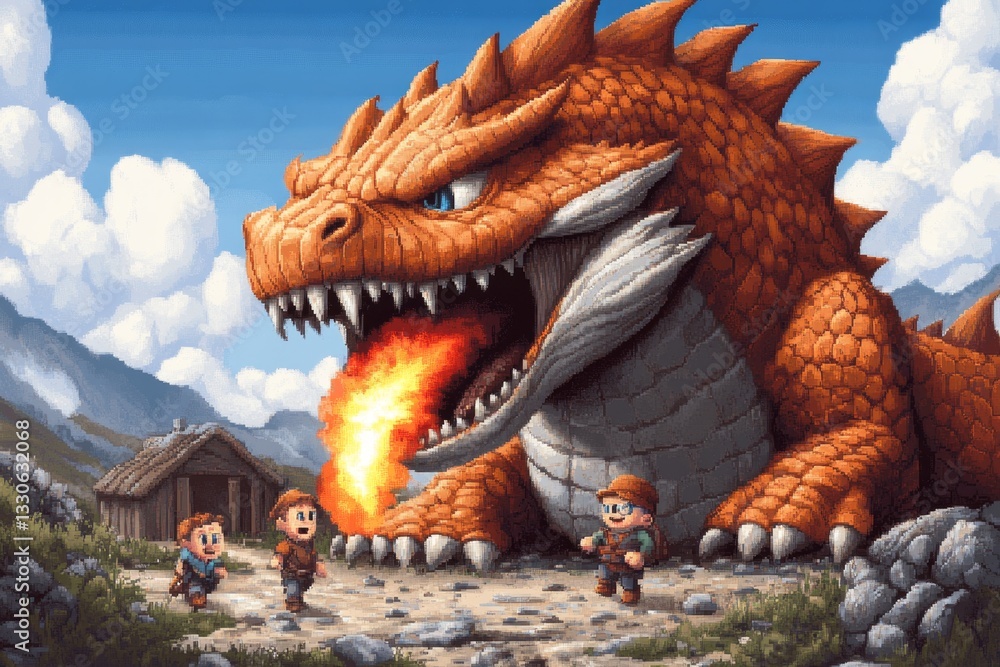 A pixel art depiction of a dragon breathing fire at a small pixelated ...