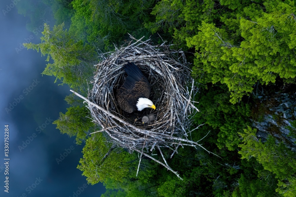 Aerial view of a bald eagle protecting its eaglet in a nest on a rugged ...