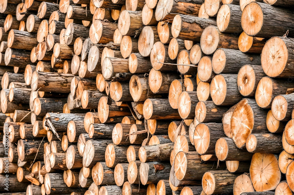 Stacked logs in a forest with sunlight on a slanted background of trees ...