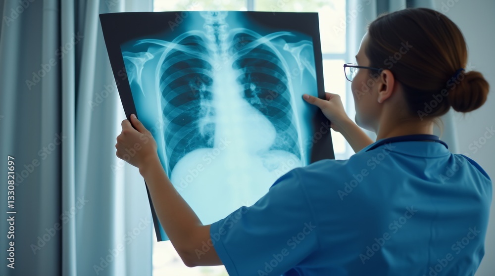 Female doctor examining chest x-ray on lightbox. Medical professional ...