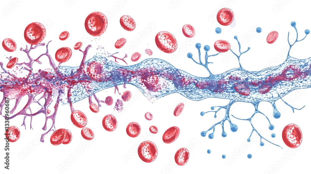 A detailed microscopic illustration depicting a blood vessel with ...