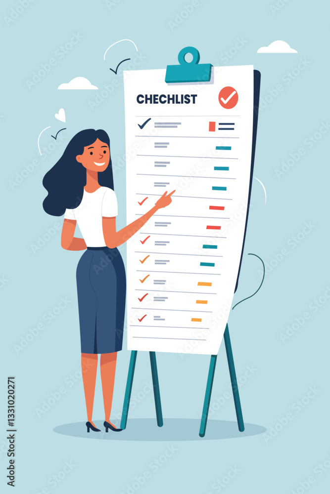 A character holding pencil and filling big checklist. Woman putting ...