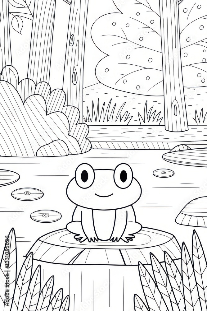 Colorful frog coloring page for kids in a serene pond setting nature ...