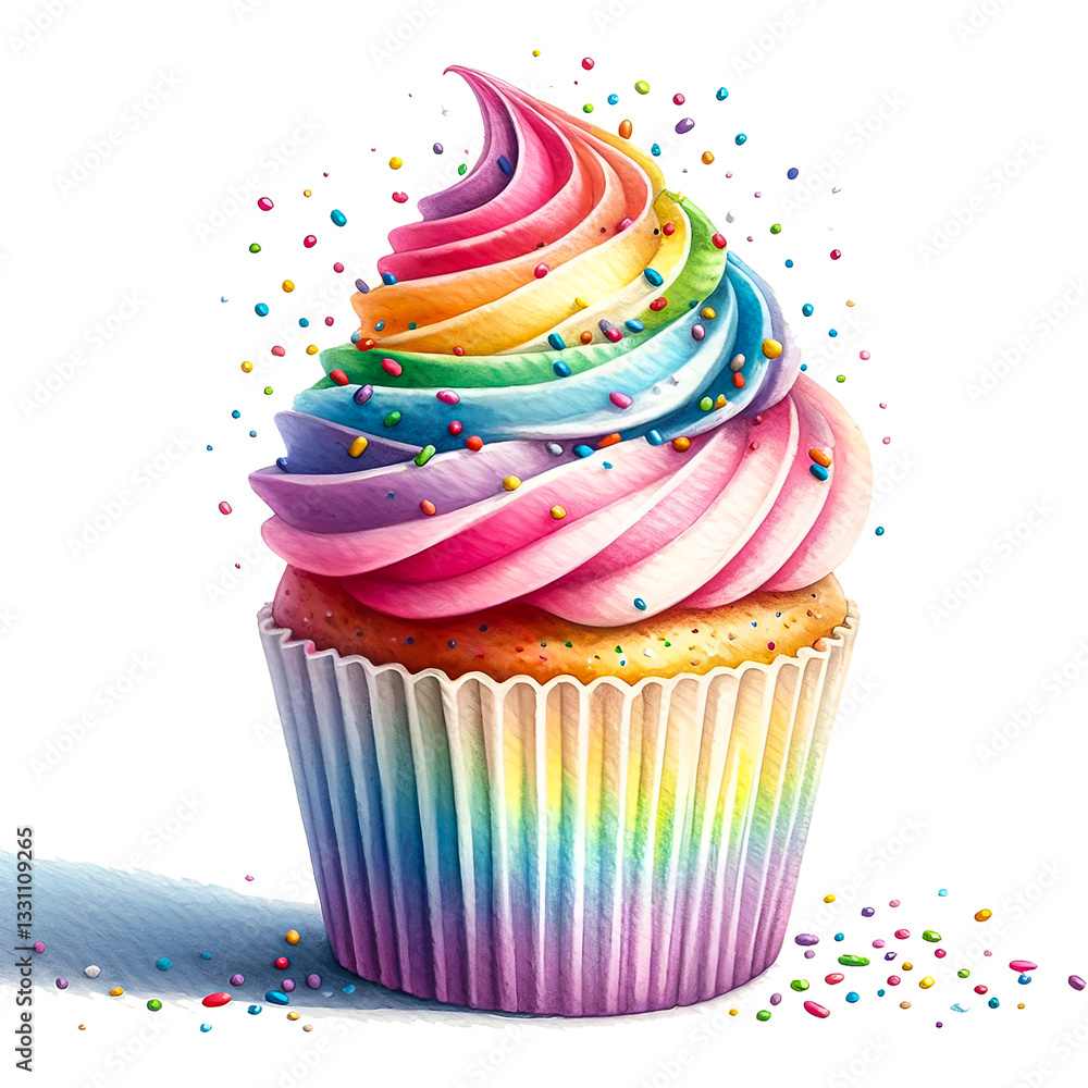 Classic rainbow sprinkle cupcake. Watercolor food clipart illustration ...