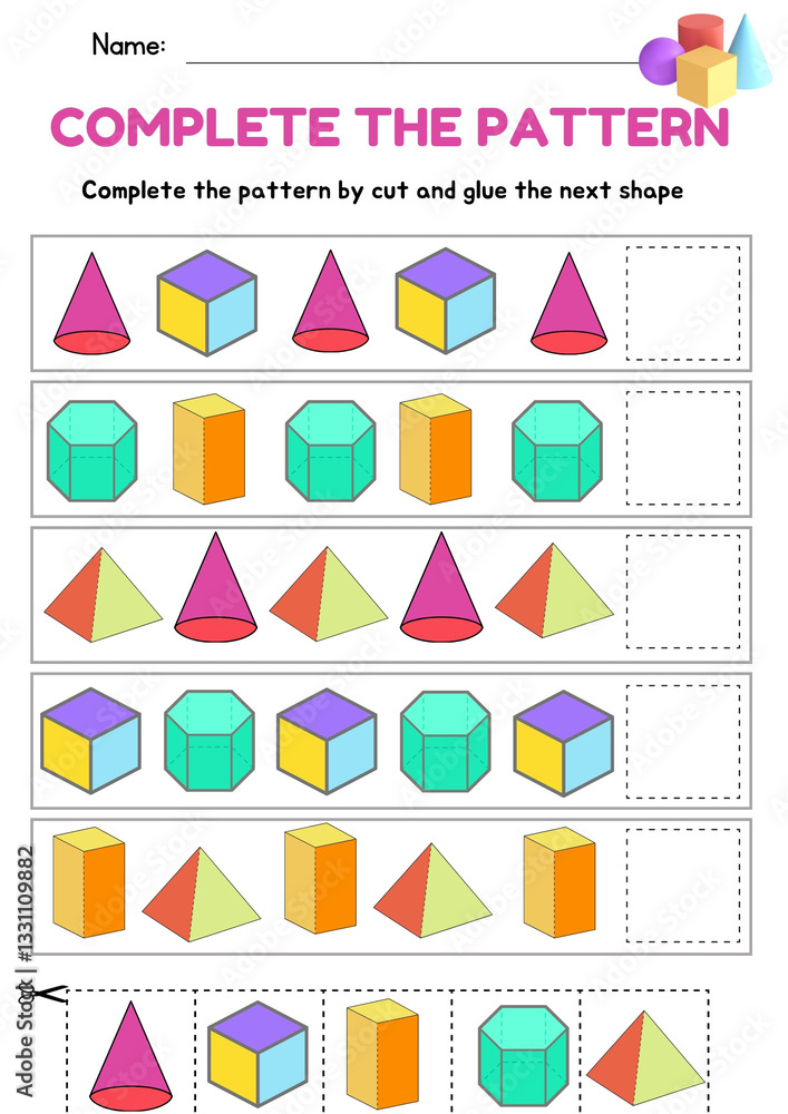 Math 2D and 3D Shape Pattern Sequence worksheet for Toddler, fine motor ...