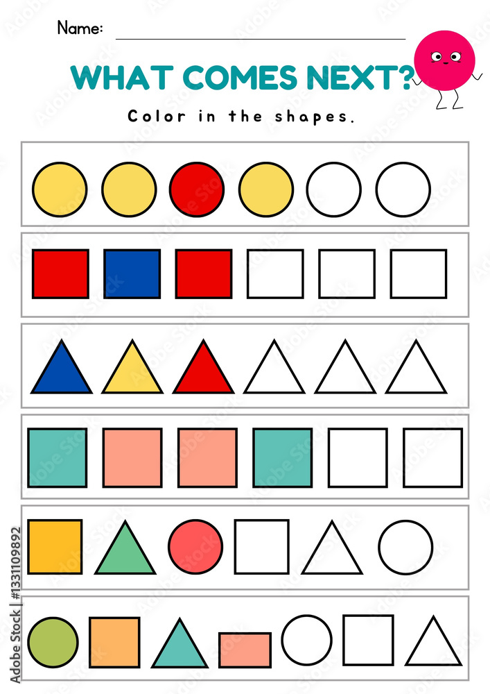 Math 2D and 3D Shape Pattern Sequence worksheet for Toddler, fine motor ...