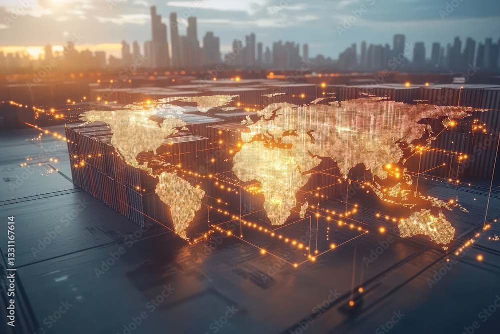 A global trade concept with shipping routes and market expansion points ...