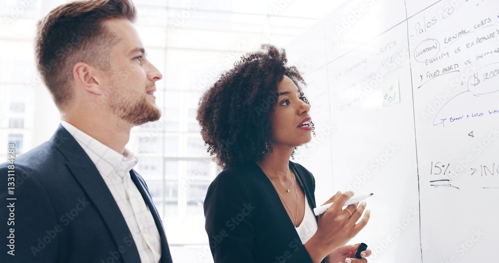 Ideas, planning or business people in office with whiteboard, task list ...