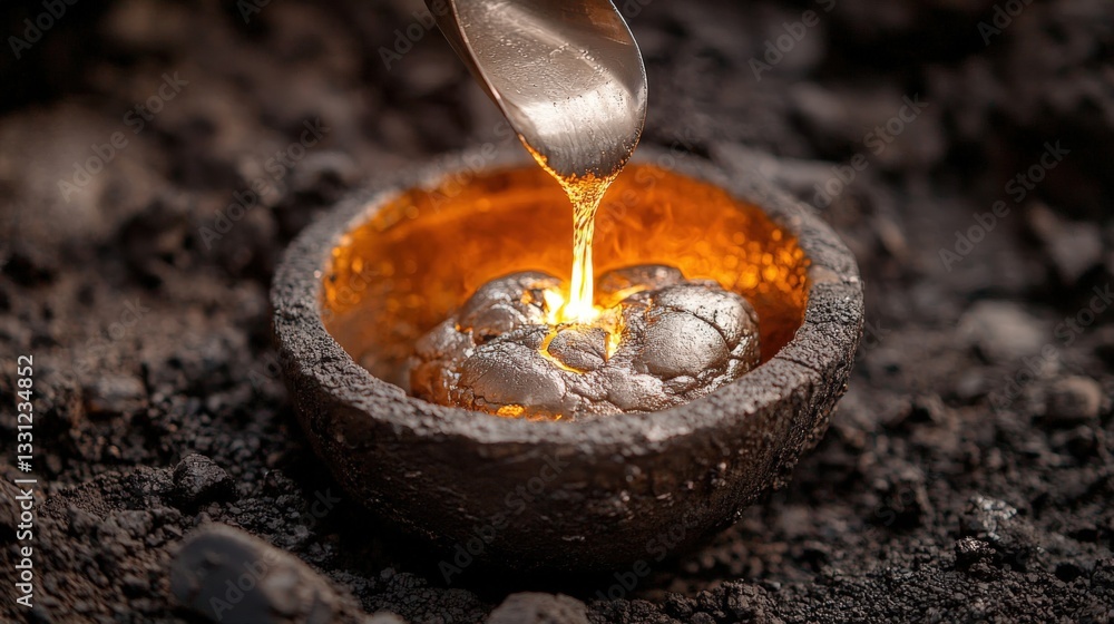 Molten rubber poured into a mold in a hot industrial setting showcasing ...