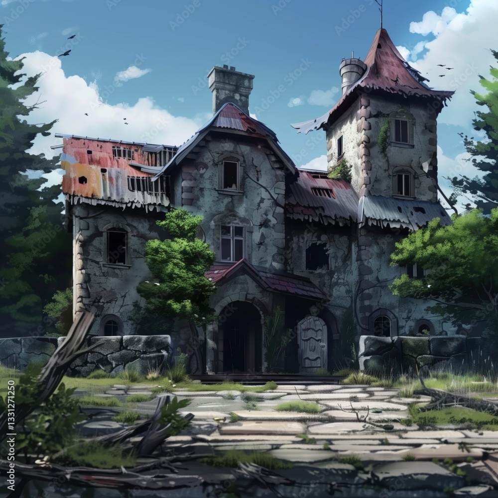 An old, crumbling mansion stands neglected amidst tall trees and ...