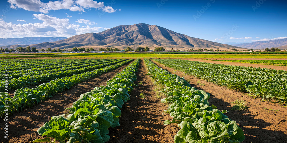 Neatly planted rows of crops stretching toward the horizon. Stock Photo ...